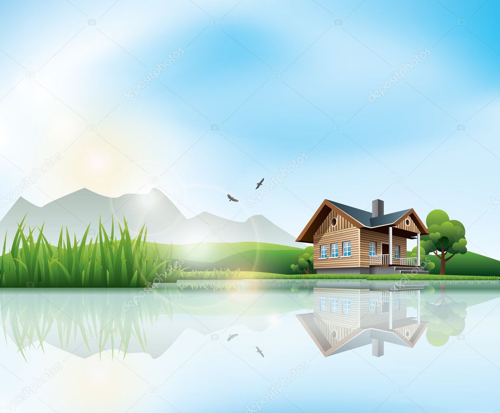 House at the lake — Stock Vector © petovarga #30369157