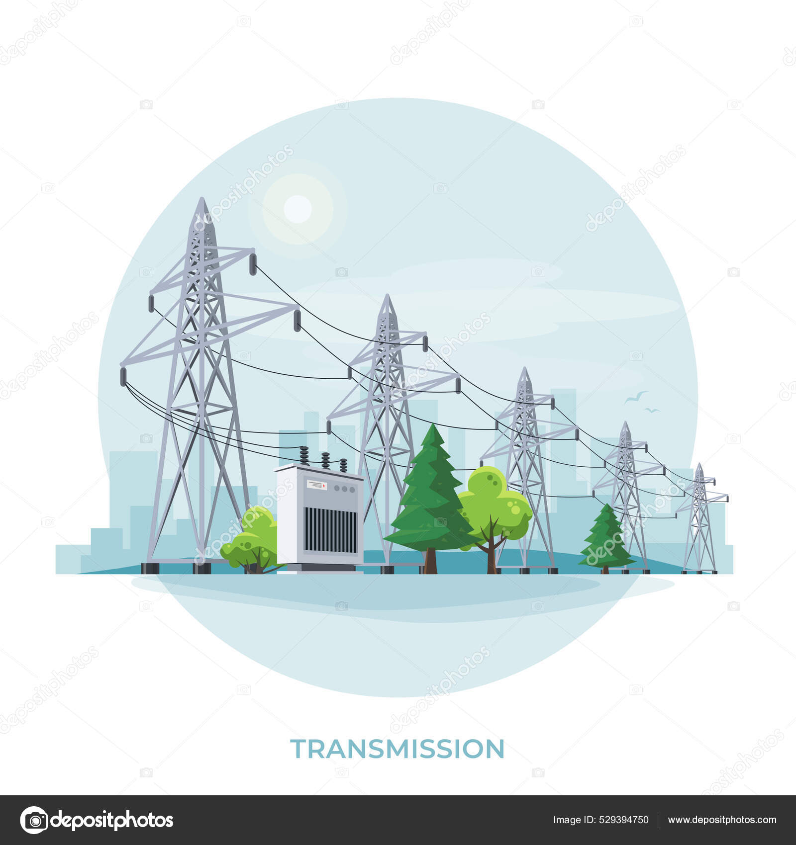High Voltage Electricity Distribution Grid Pylons Flat Vector ...