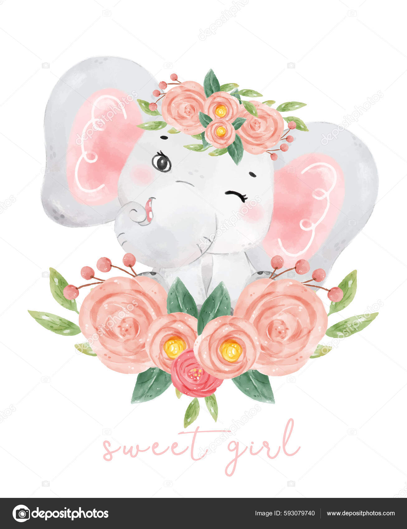 Cute Sweet Baby Elephant Girl Adorable Smile Sit Flower Bouquet Stock ...