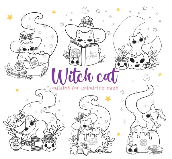 Cute Halloween Magic Cat Costume Set Cartoon Outline Doodle Set imagem ...