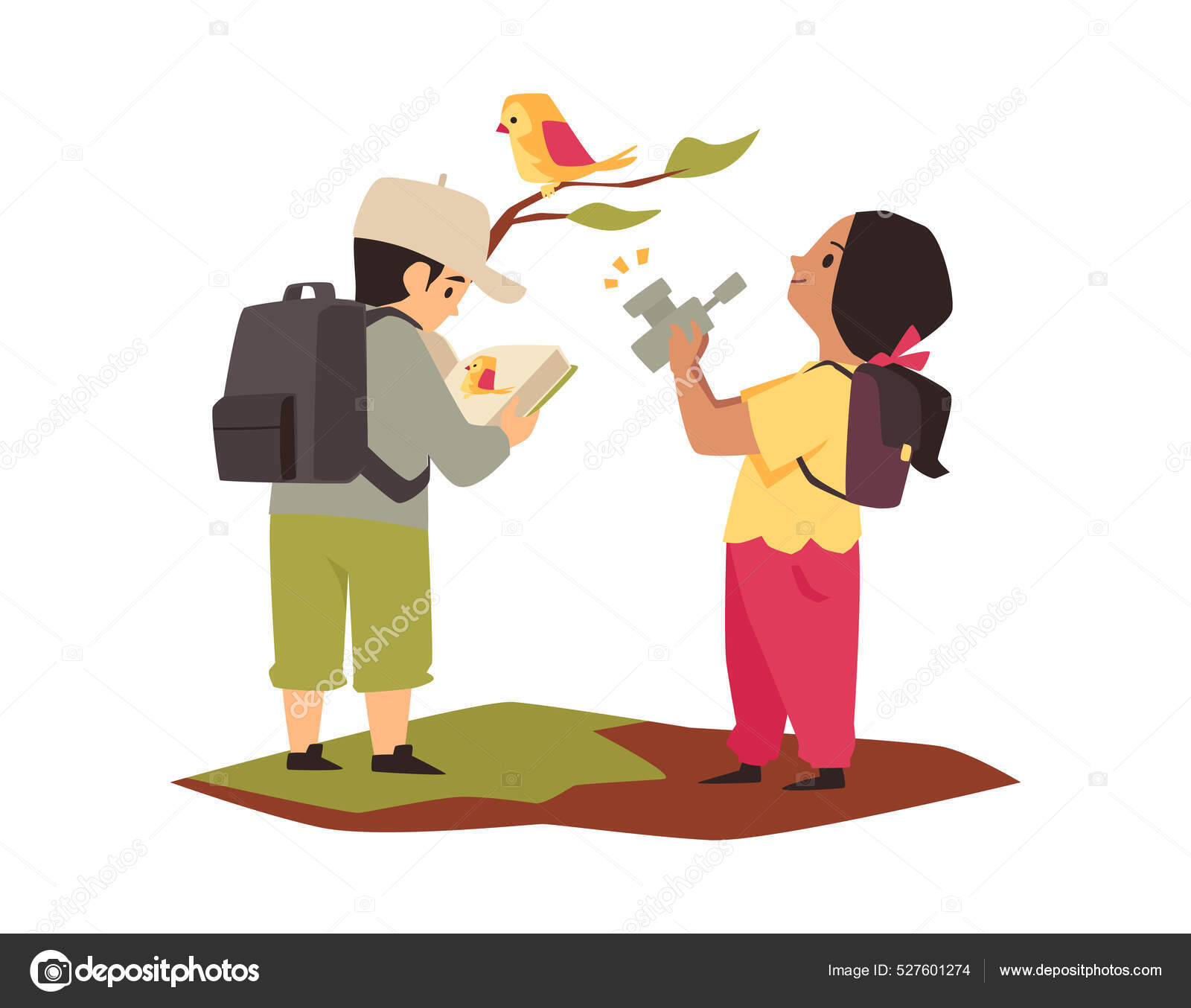 Children observe nature and study wild birds, flat vector illustration ...