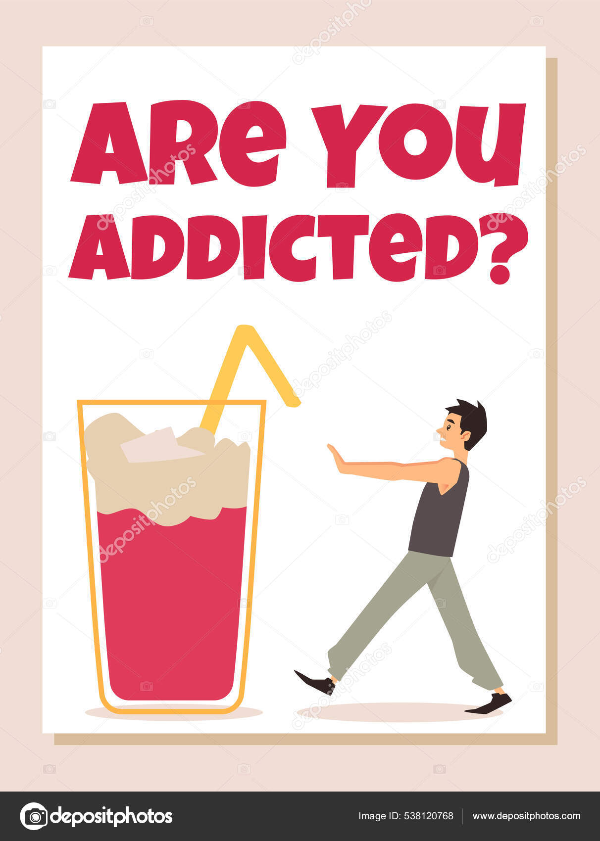 Man addicted to sugar fails to resist sweet drink, poster template flat ...