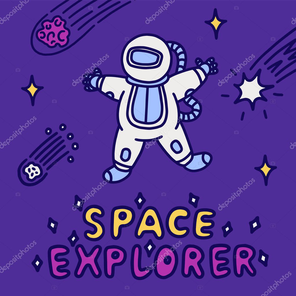 Cartel lindo hombre del espacio con estrellas y cometas, ilustraci n de vectores planos de ...