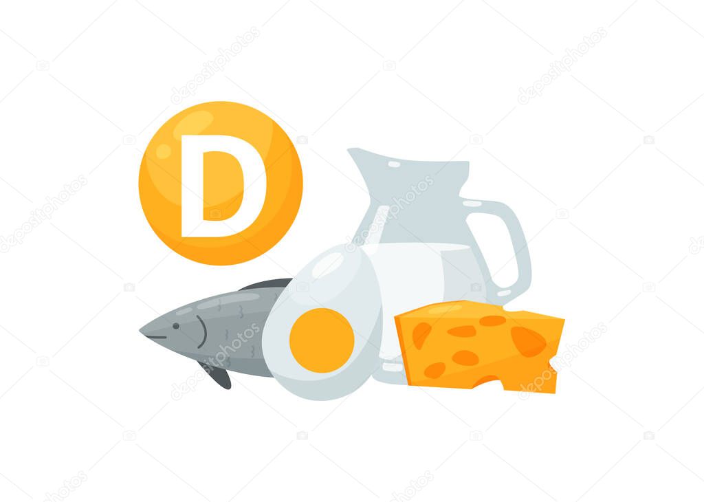 Vitamina D enriquecida alimentación plana ilustración vector de dibujos ...