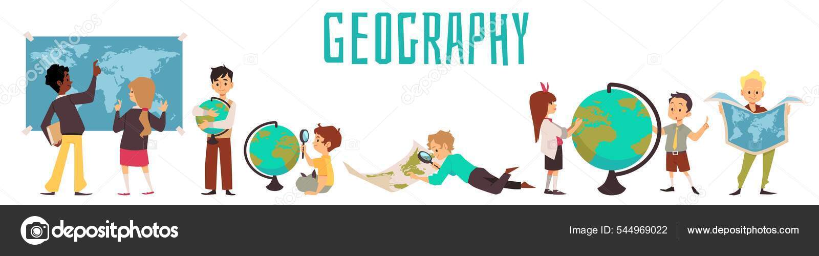 Geography class banner with kids studying the globe and world map, flat ...