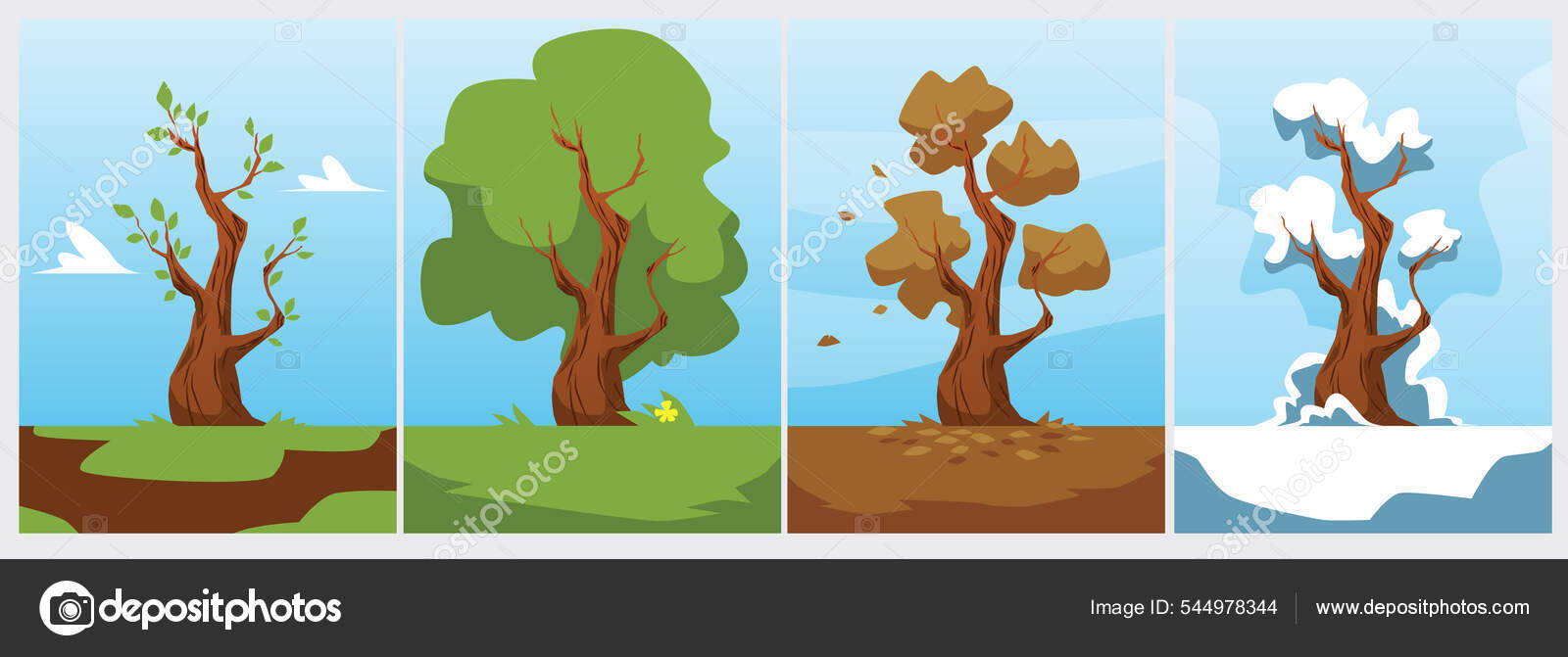 Tree seasonal cycle banners or cards infographic set, flat vector ...
