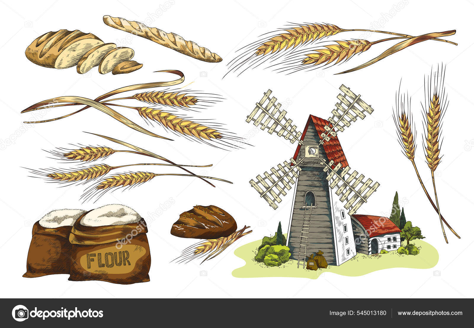 Wheat flour production vintage elements hand drawn vector illustration ...