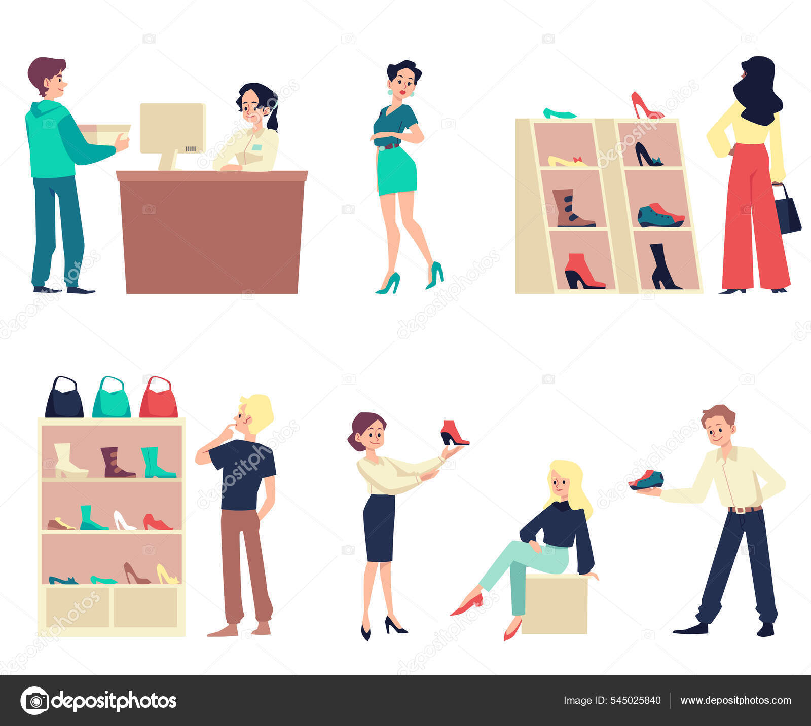 People in shoe store taking shoes off shelves flat vector illustration ...
