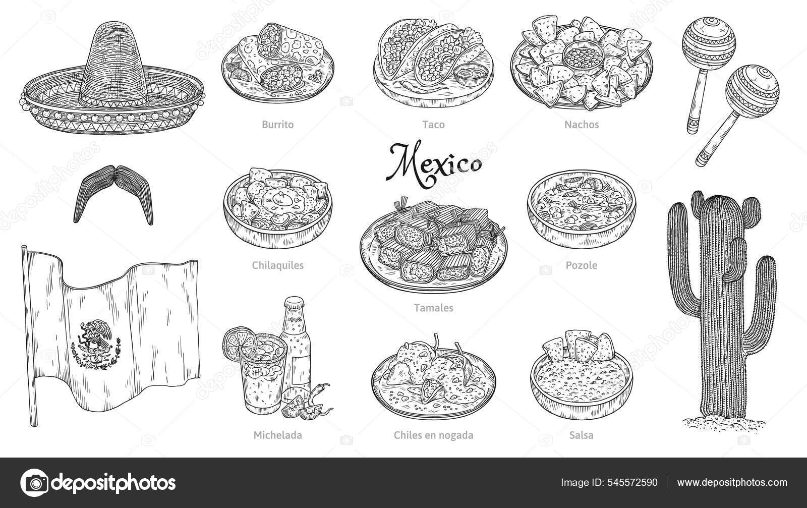 Mexican cuisine and culture icons set engraving vector illustration ...