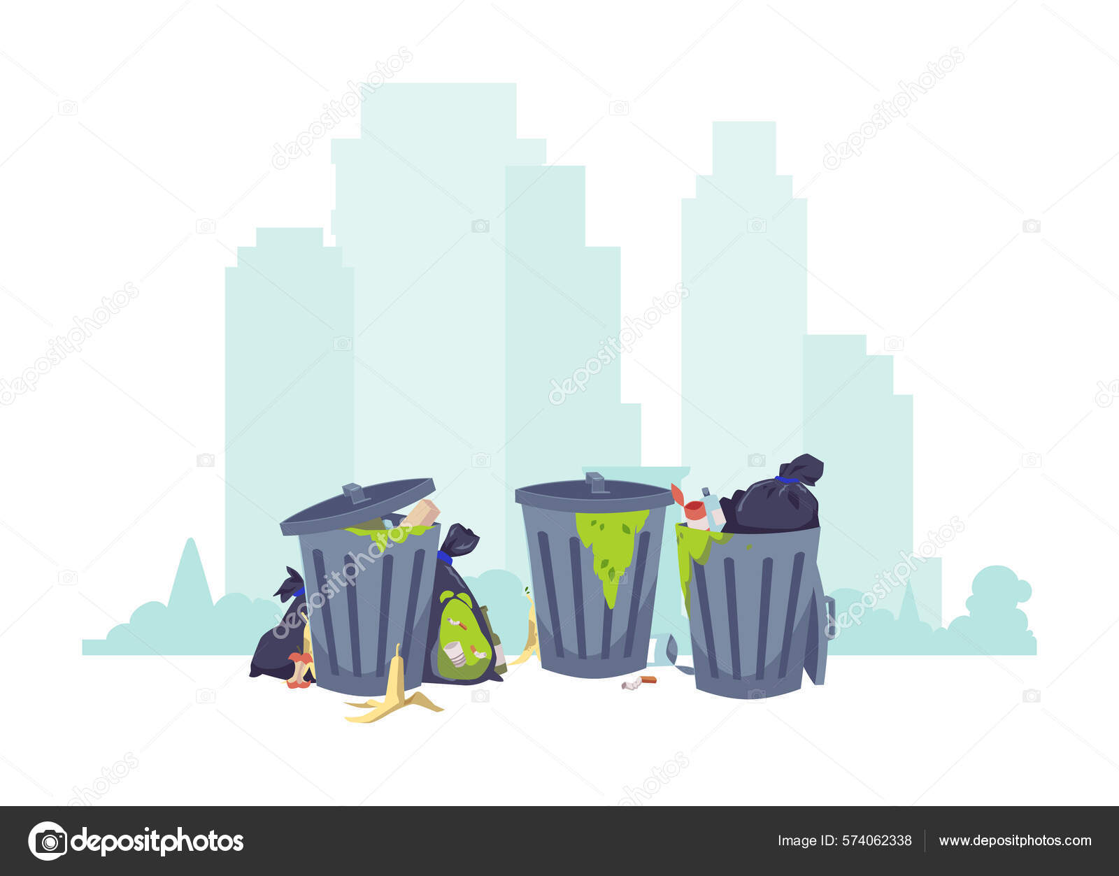 Smelly Garbage Bags Bins Front Cityscape Silhouette Flat Vector ...