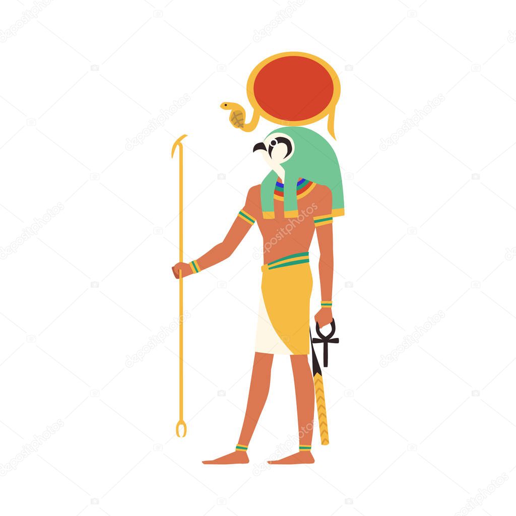 Egipto dios Ra personaje con cetro y ankh estilo plano, ilustración ...