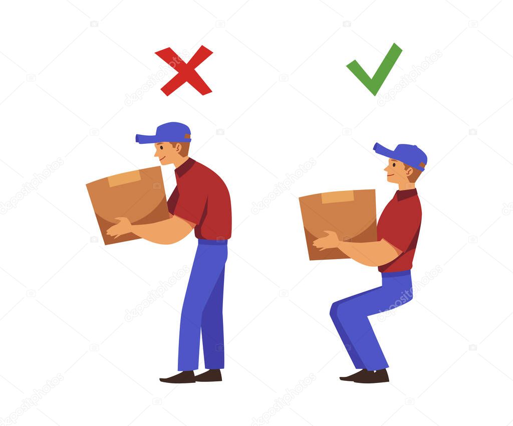 Métodos incorrectos y correctos para transportar y levantar pesos y cargas, ilustración ...