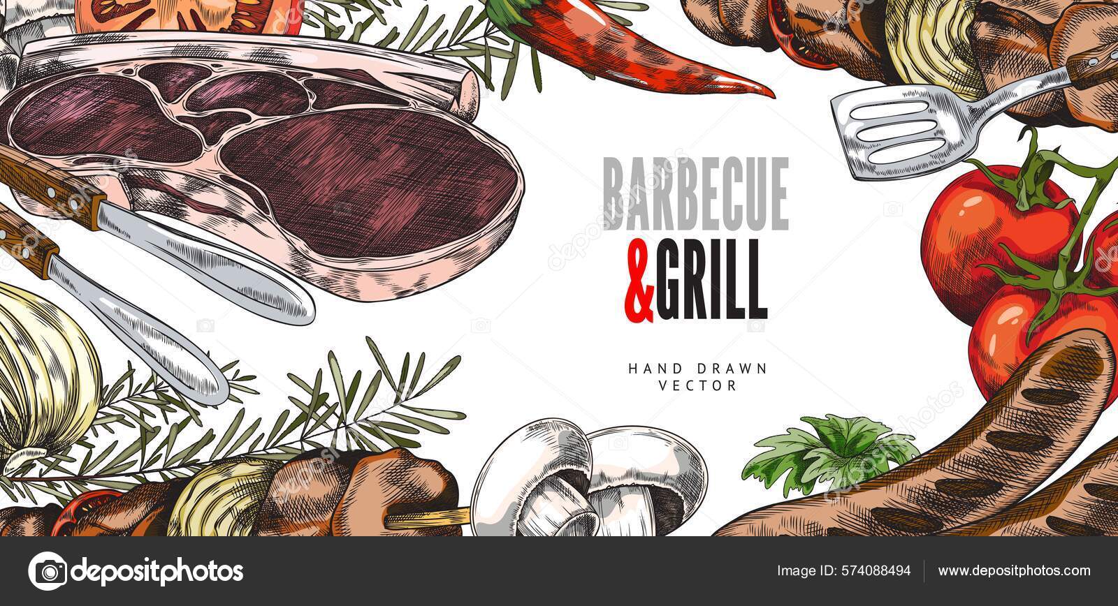 Bbq Grill Food Hand Drawn Background Design Colored Engraved Style ...