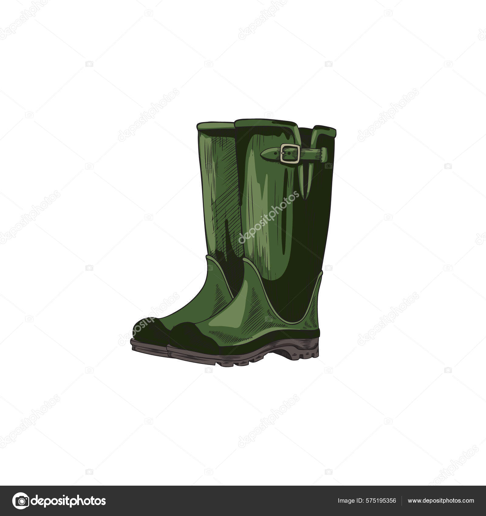 Pair Green Welly Rubber Boots Black Soles Vector Illustration Isolated ...
