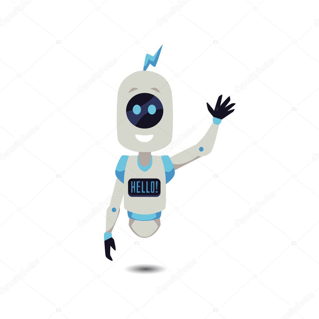 Cheerful floating robot waving hand with hello word on digital screen ...