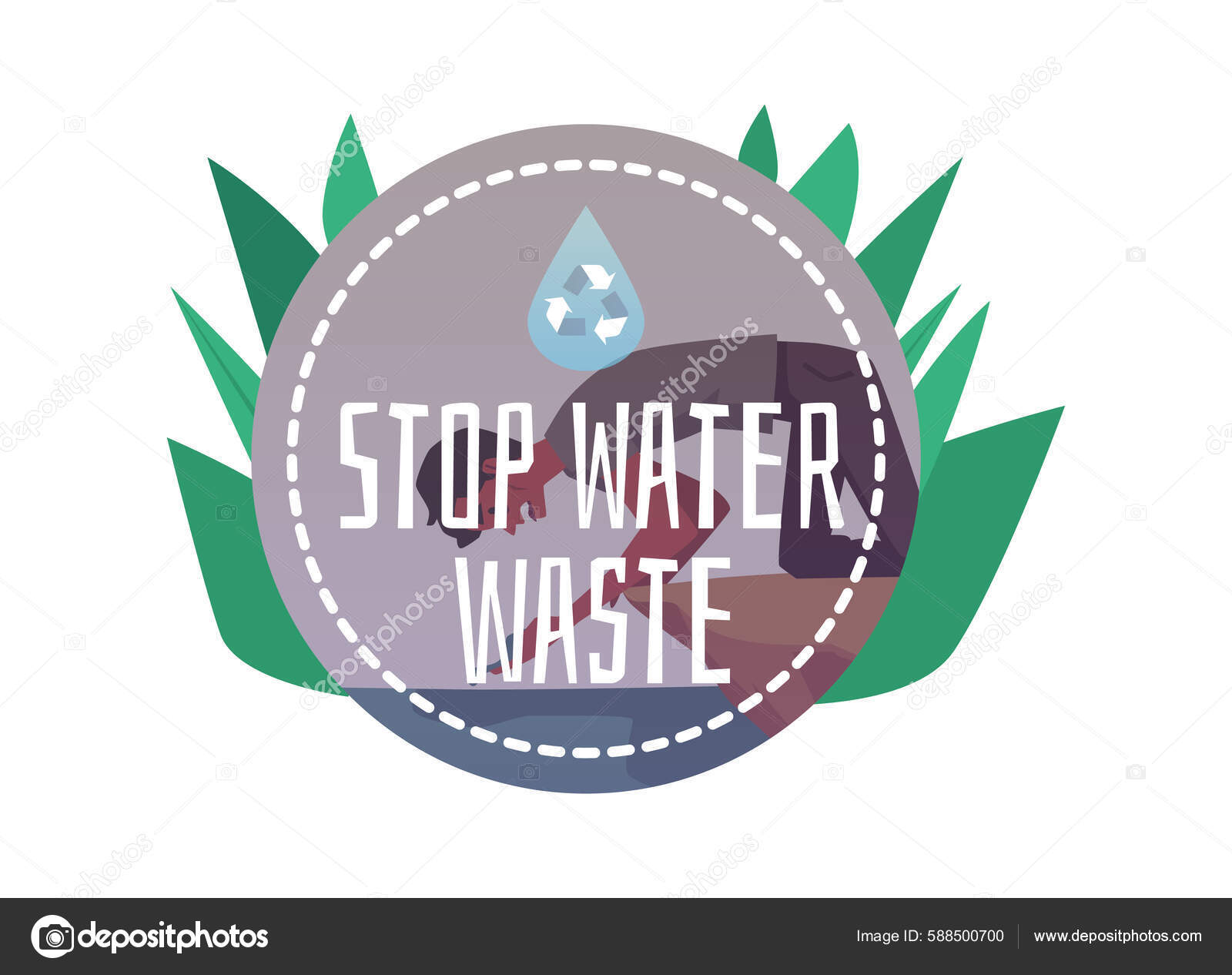 Stop Water Waste Sticker Thirsty Man Desert Drinking Water Pond Vector ...