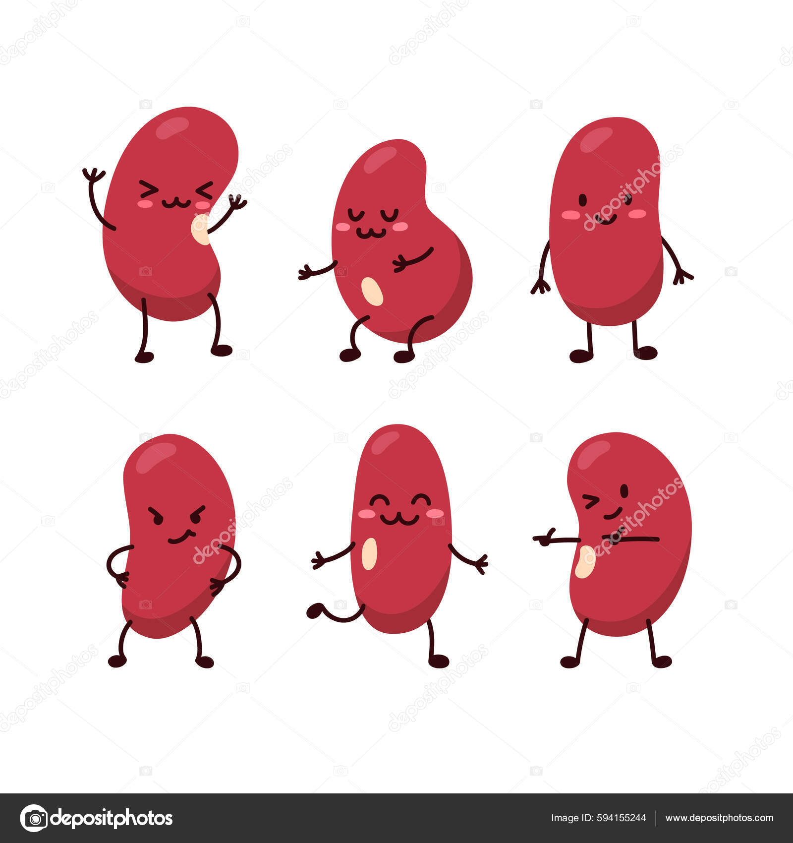 Cute Kidney Beans Face Different Emotions Cartoon Flat Vector ...