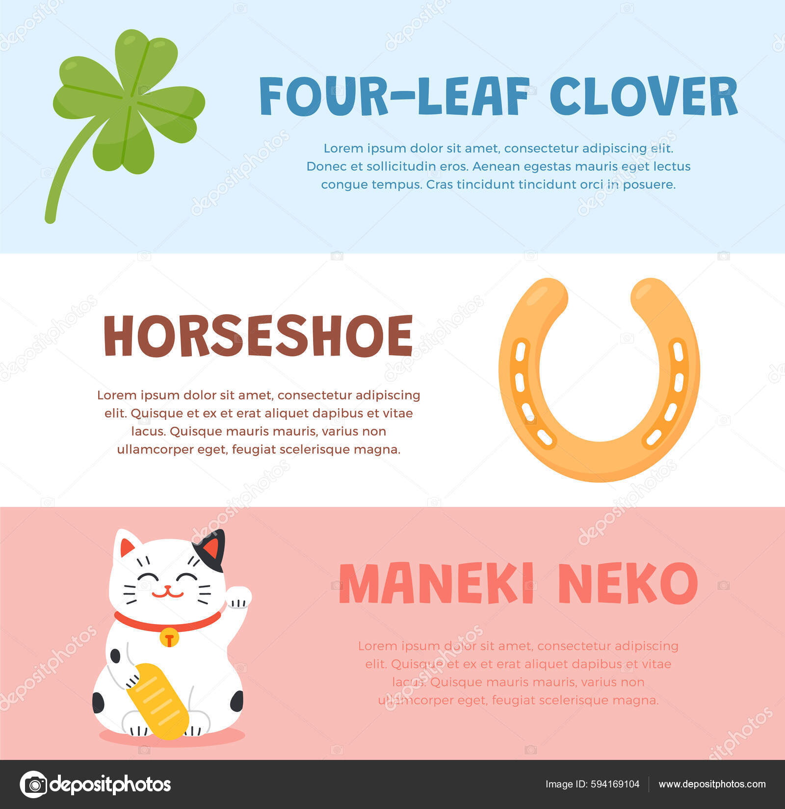 Good Fortune Symbols Posters Set Four Leaf Clover Horseshoe Maneki ...