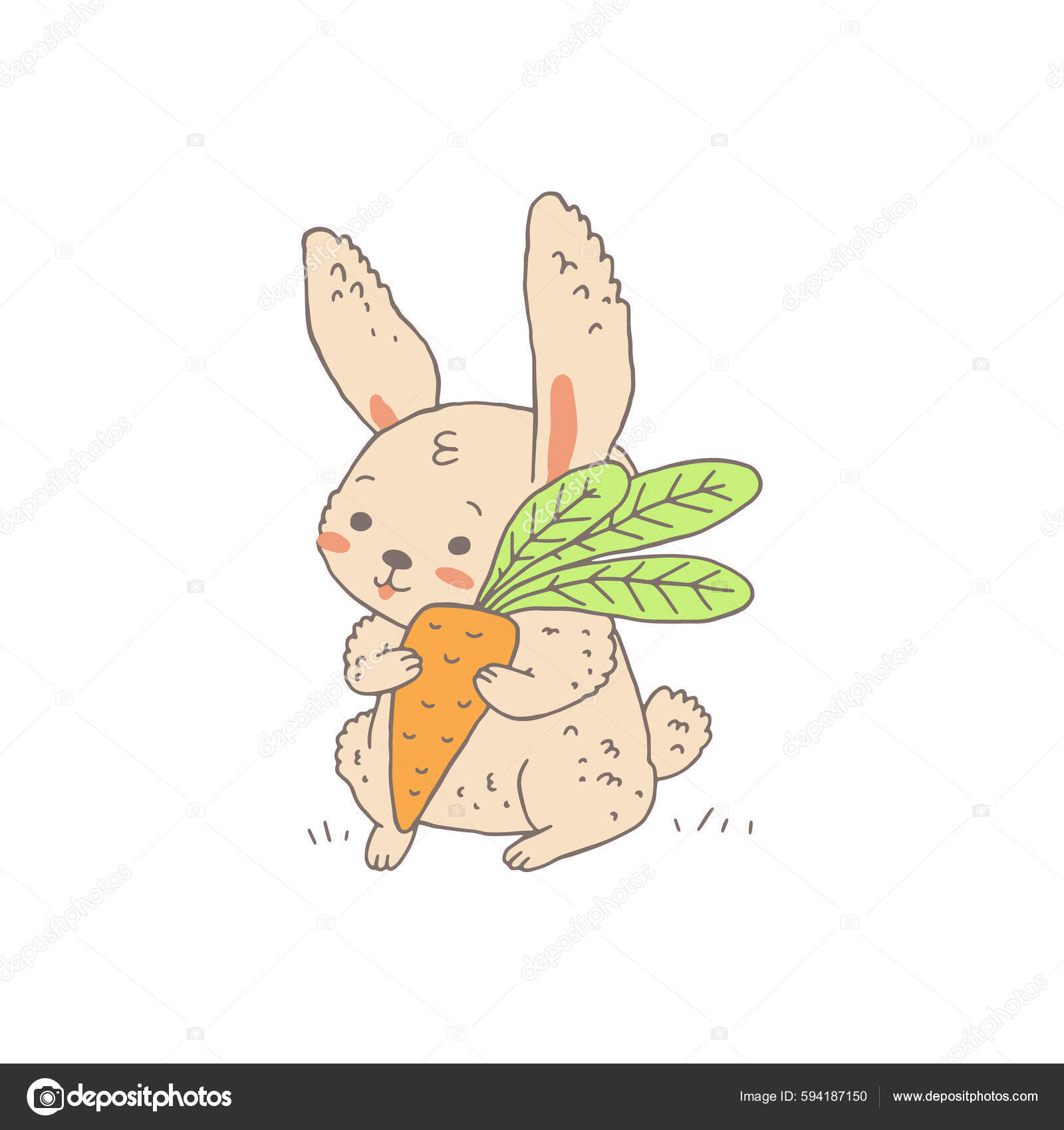 Rabbit Bunny Hugging Carrot Green Leaves Cartoon Vector Illustration ...