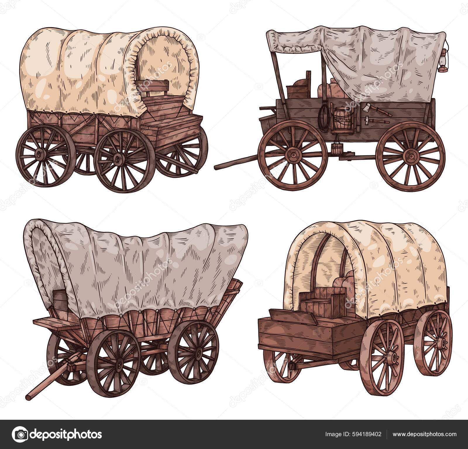Old Horse Four Wheeled Carriages Carts Collection Hand Drawn Sketch ...