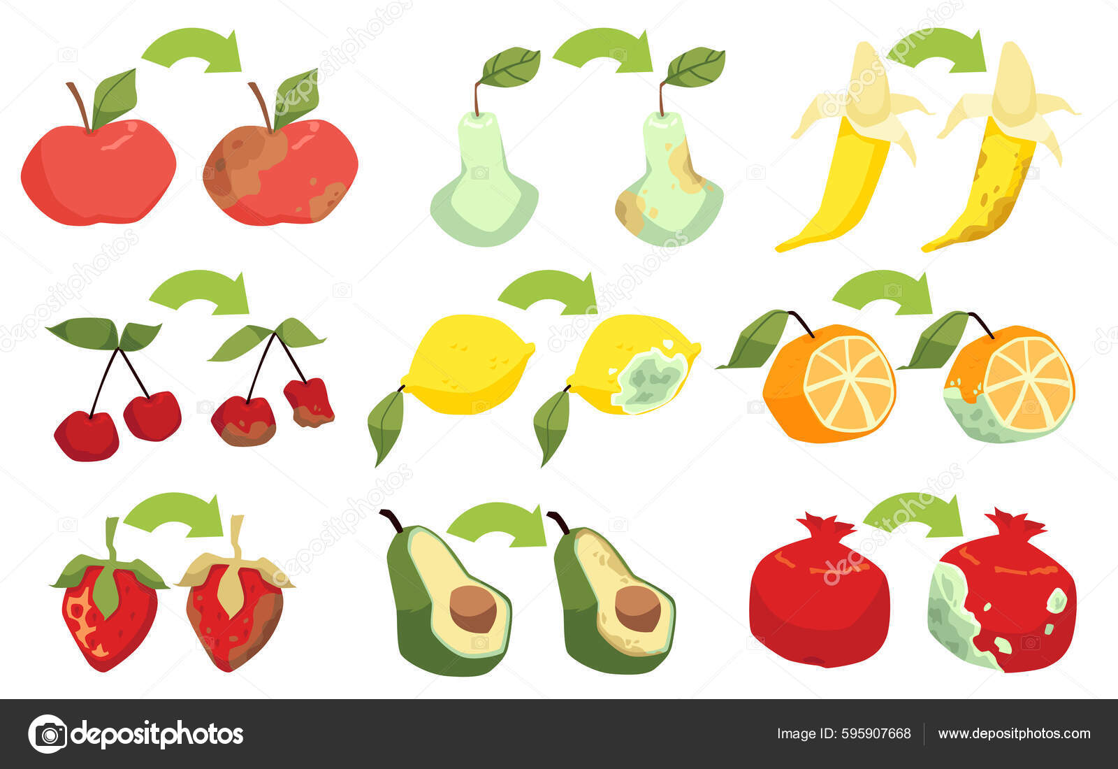 Rotten Fresh Fruits Collection Flat Cartoon Vector Illustration ...