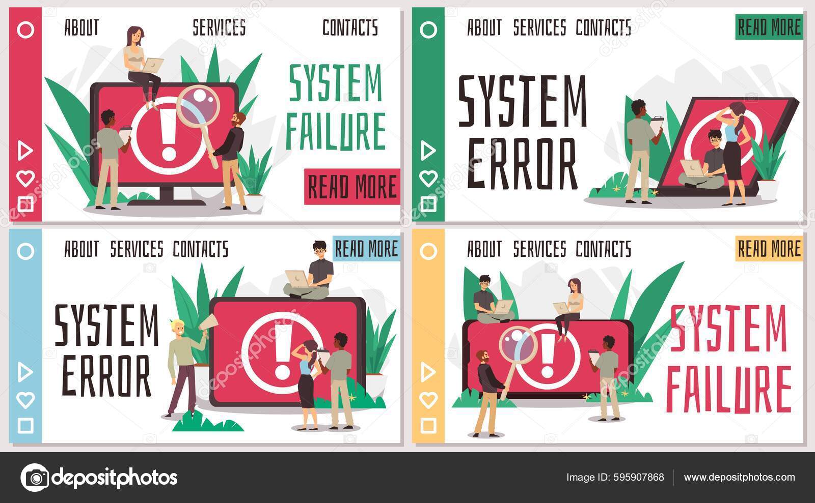 System Crash Error Warning Website Interfaces Set Flat Cartoon Vector ...
