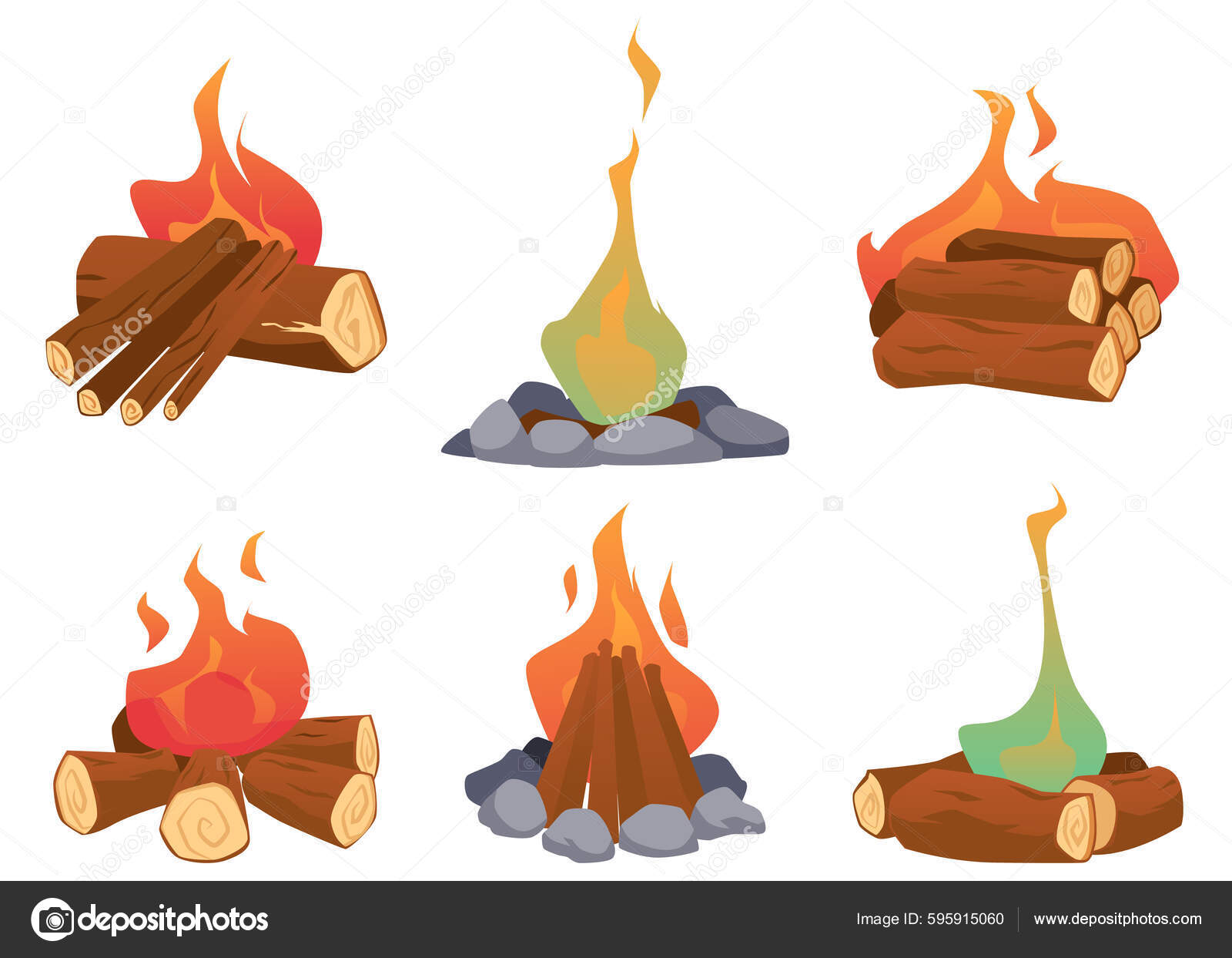 Burning Bonfires Campfires Woods Icons Set Flat Cartoon Vector ...