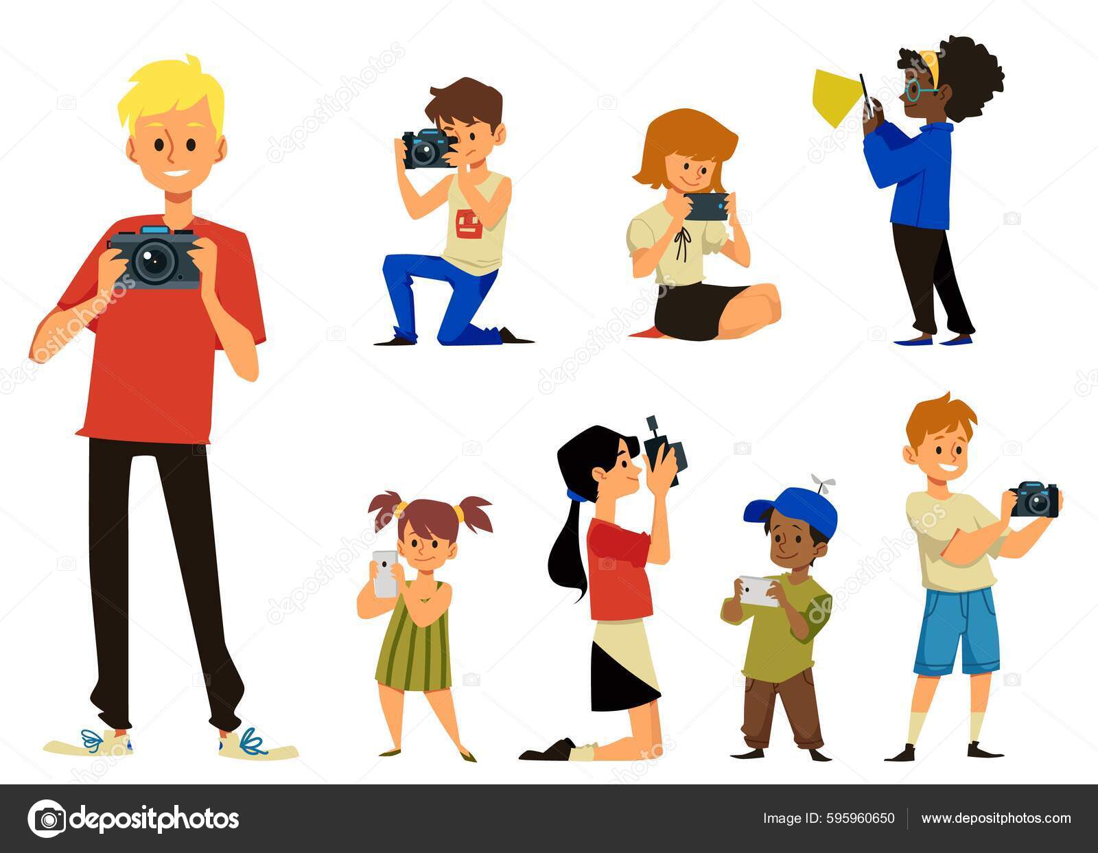 Children Photo Cameras Taking Picture Flat Cartoon Vector Illustration ...
