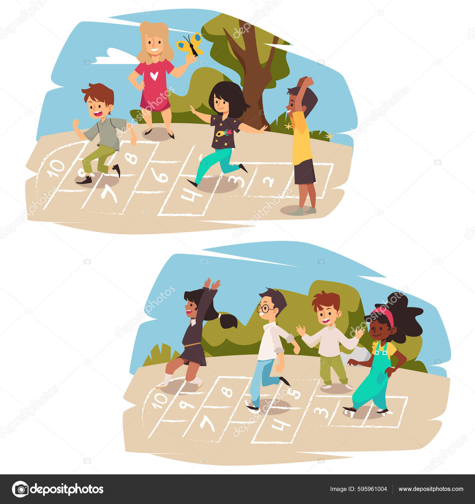 Children Playing Hopscotch Having Fun Cartoon Flat Vector Illustration ...