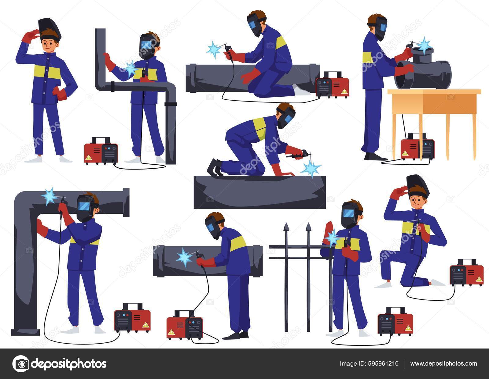 Welders Male Characters Set Welding Equipment Work Cartoon Flat Vector ...