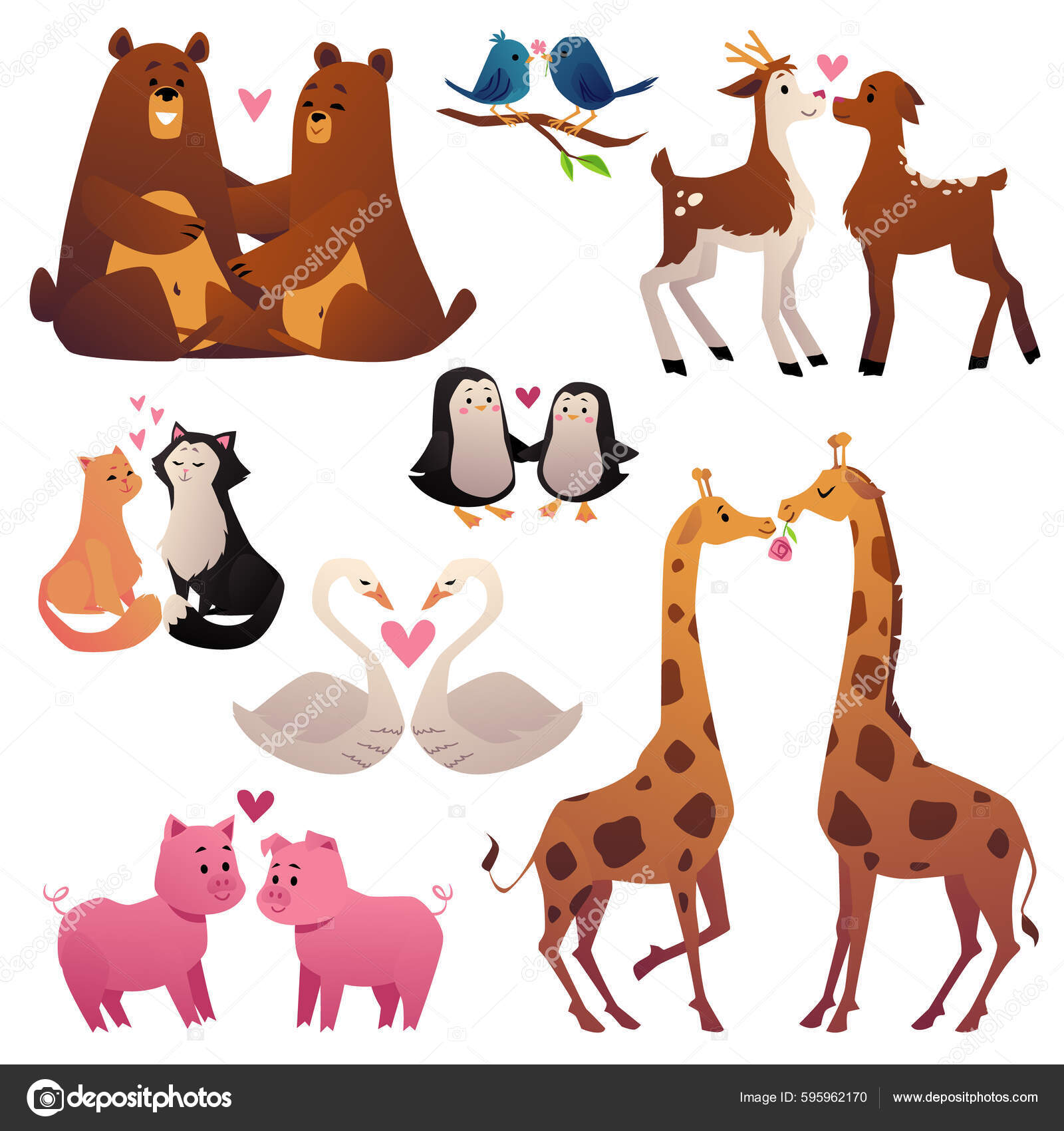 Cute Couples Animals Love Cartoon Characters Flat Vector Illustration ...