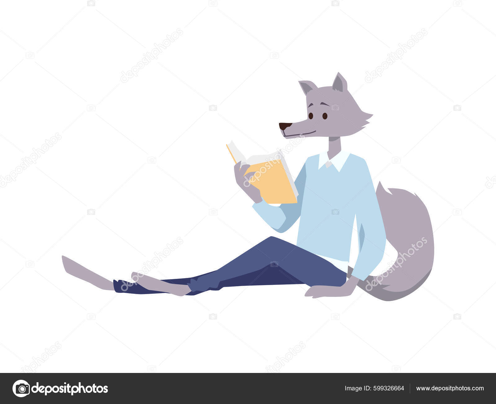 Animal Student Sitting Reading Book Wolf School College Flat Vector ...