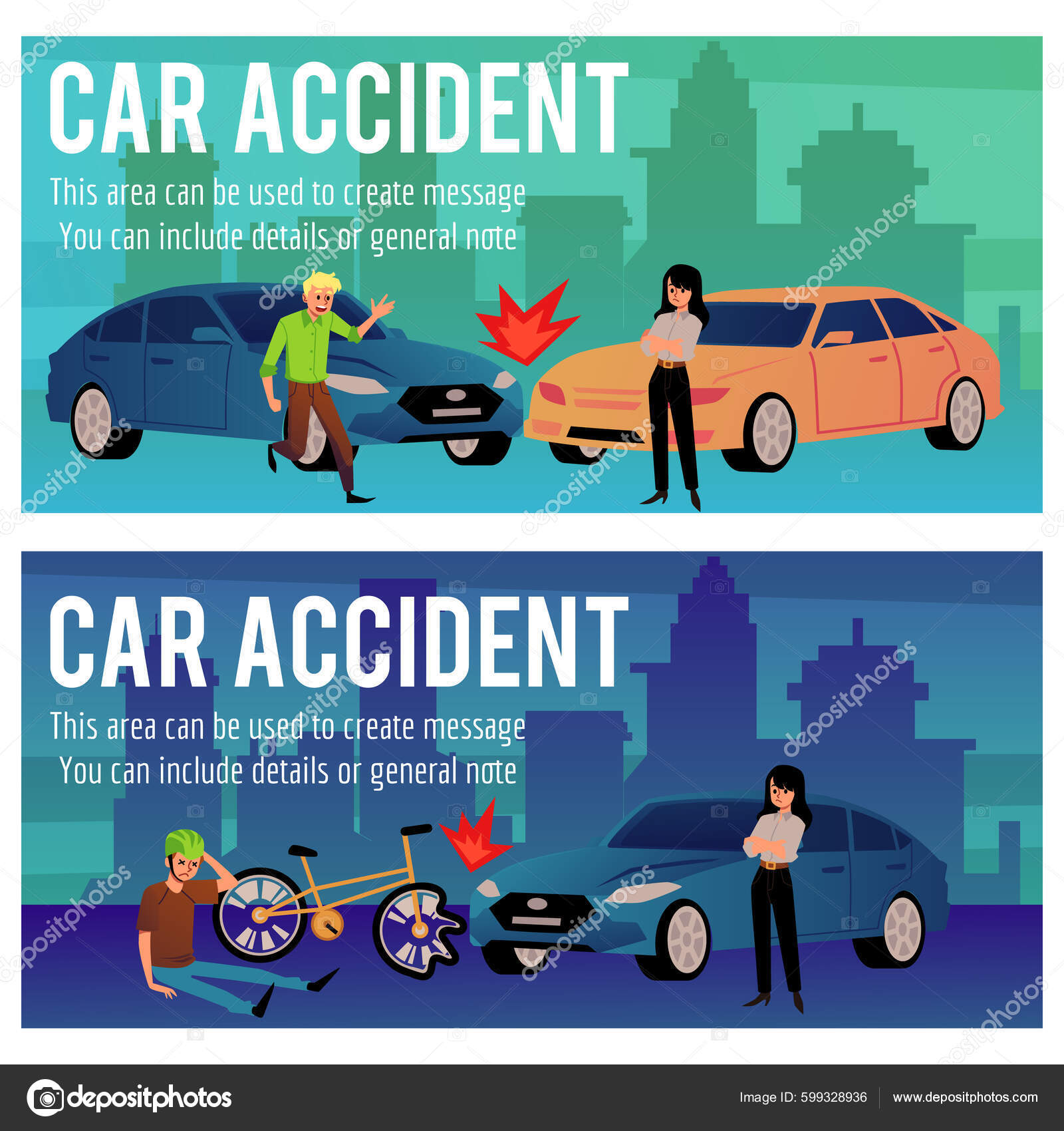 Car Accident Horizontal Banners Crushed Cars Bicycle Flat Vector ...