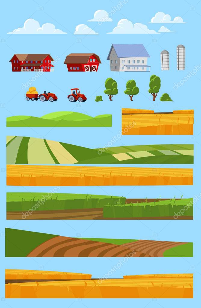 Granja agrícola y colección de detalles de campo con graneros y campos ...