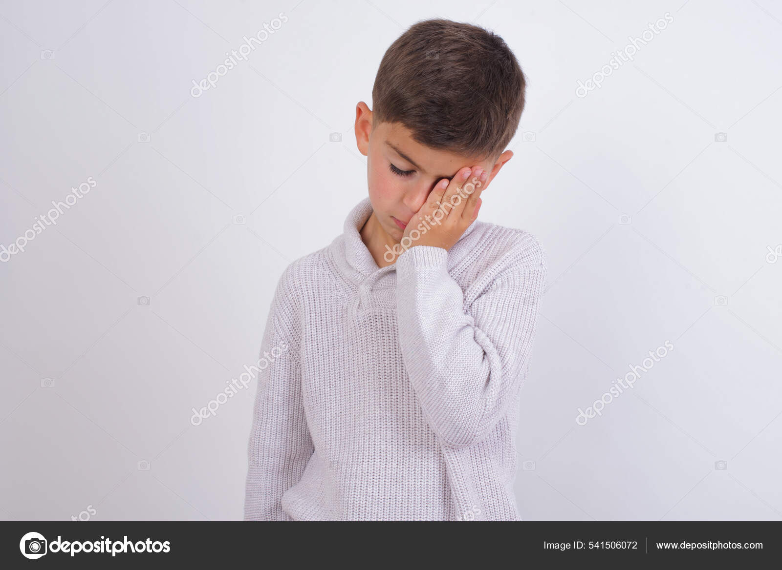 Tired Overworked Caucasian Kid Boy Wearing Knitted Sweater Standing ...