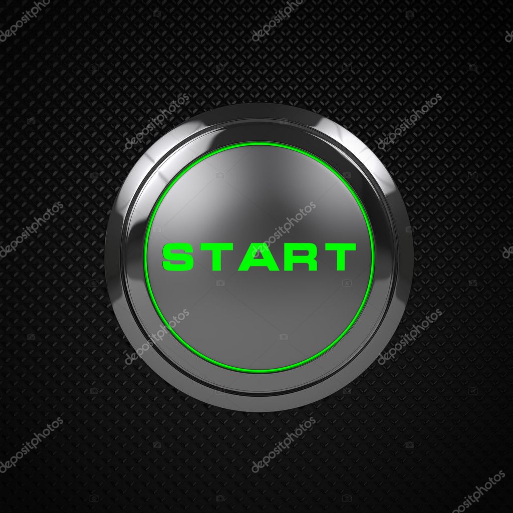 Botón de inicio led verde sobre fondo negro. 2022