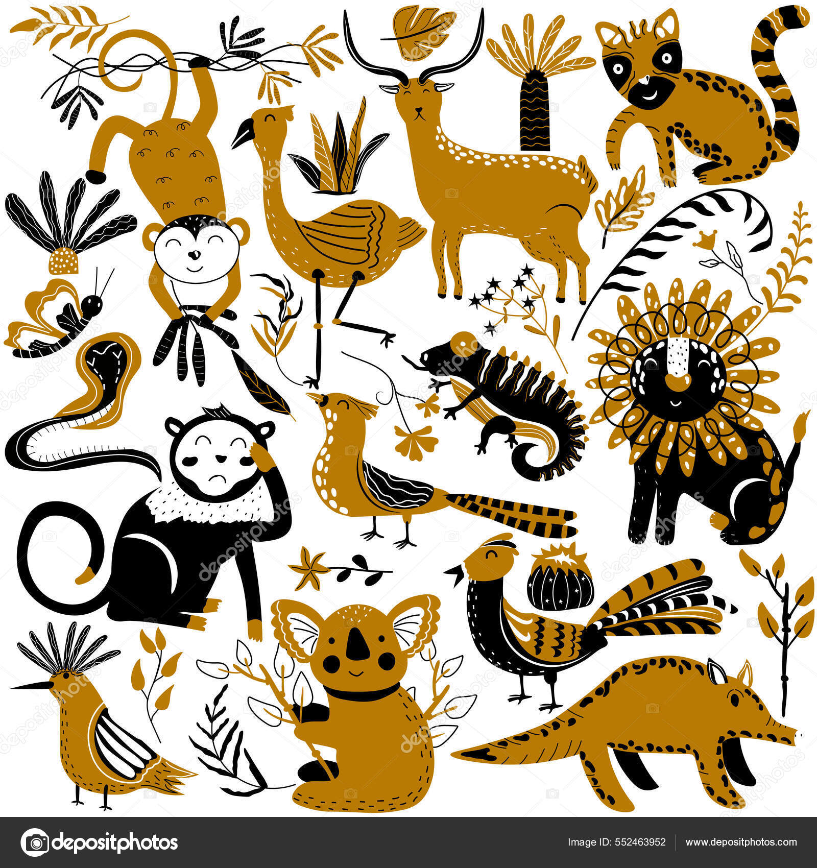 Collection of jungle animals and birds. Hoopoe, lemur, monkey, lion ...