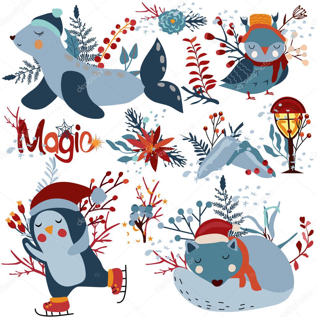 Lindos animales del Ártico de invierno, foca linda, pingüino divertido ...