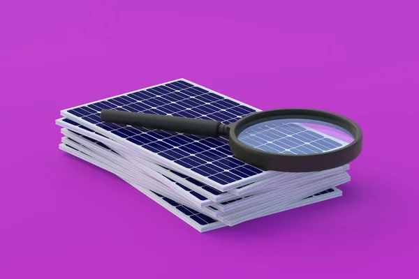 Montón de paneles solares cerca de lupa. Investigación de elementos ...