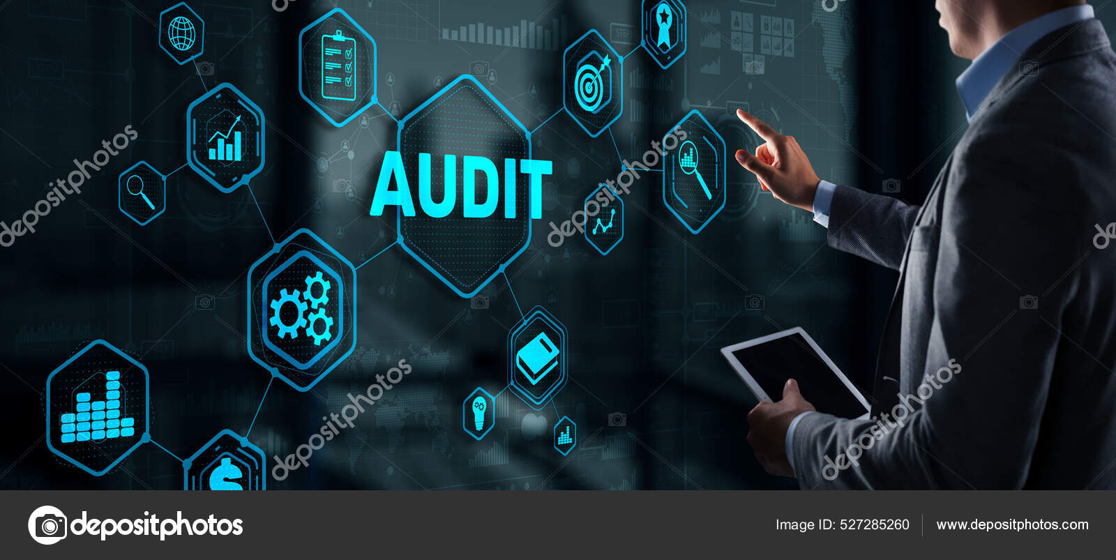 Audit. Checking the financial statements of the company. Businessman ...