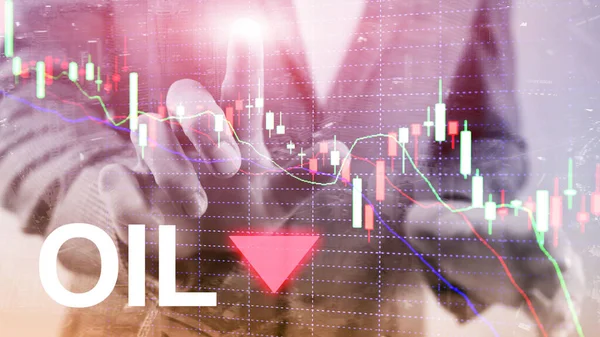 Oil trend down. Candle graph chart Oil barrels and a financial chart on ...