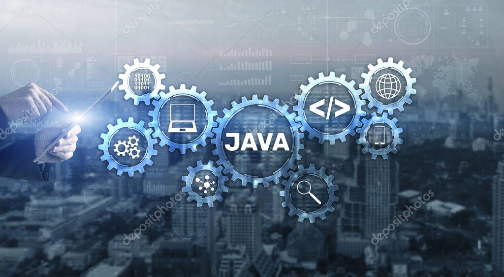 Empresario escribiendo pantalla virtual: java Tecnología, internet ...