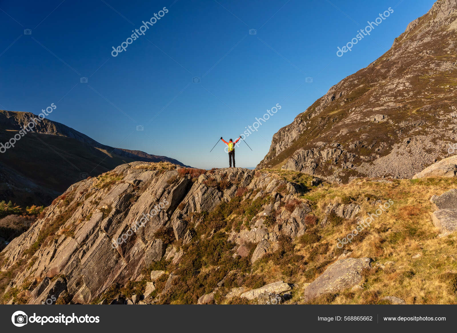 Happy Female Backpacker Walking Poles Enjoying Successful Climb Rugged ...
