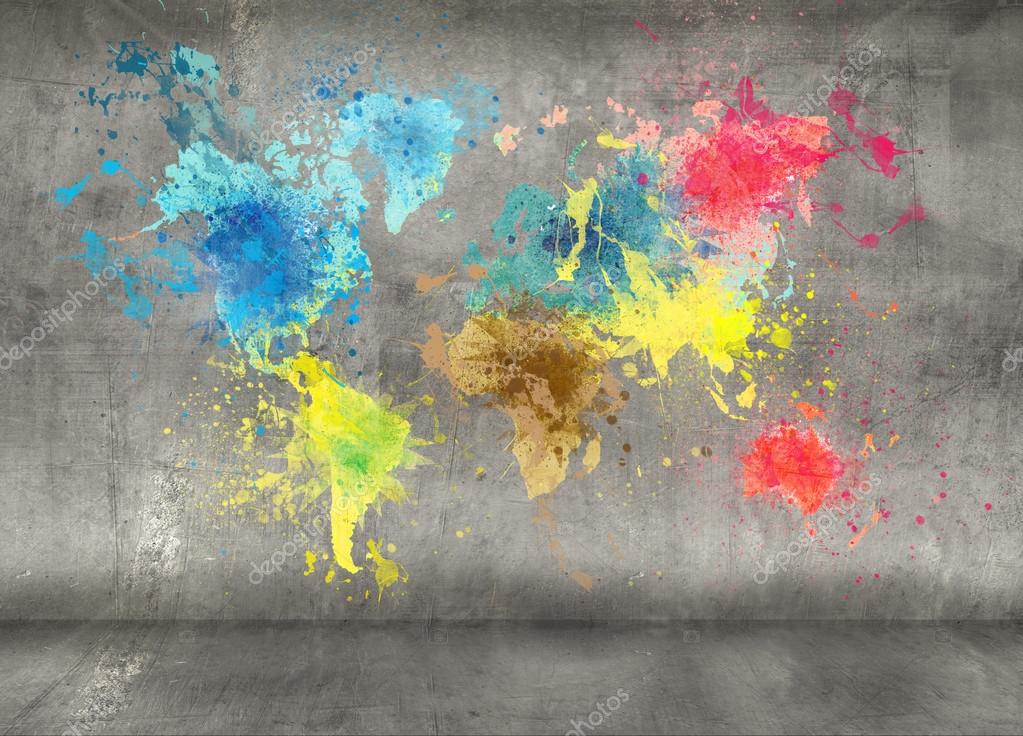 World map made of paint splashes on concrete wall background Stock ...