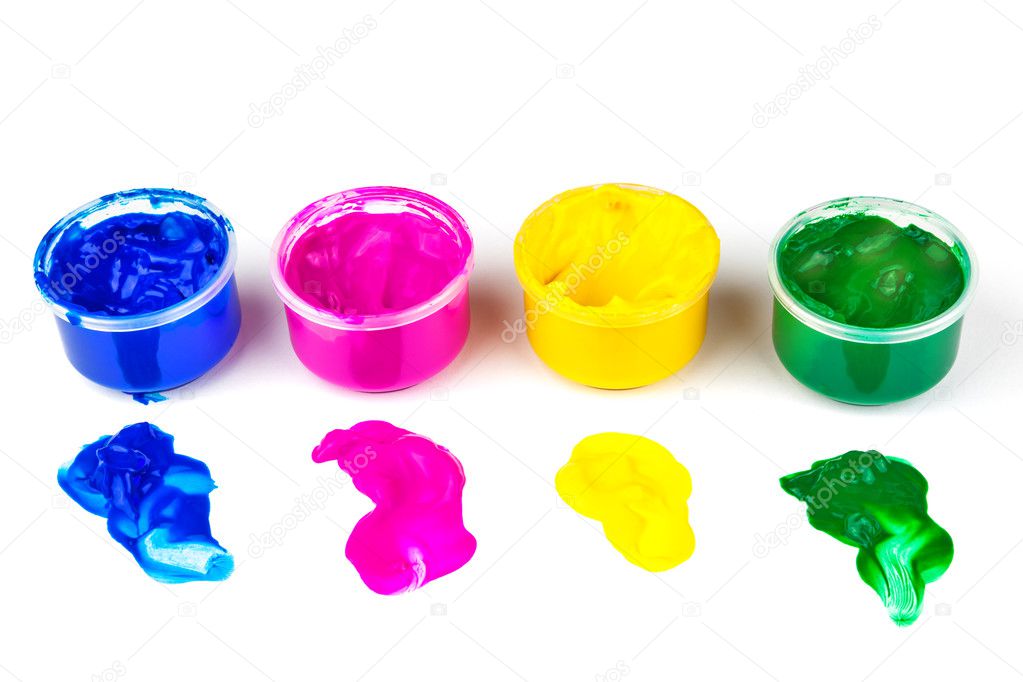 Color paint cans and dabs of paint — Stock Photo © olgamark #26773839