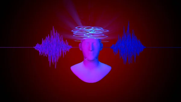3d digital human face in abstract sound data wave flow. Futuristic had ...