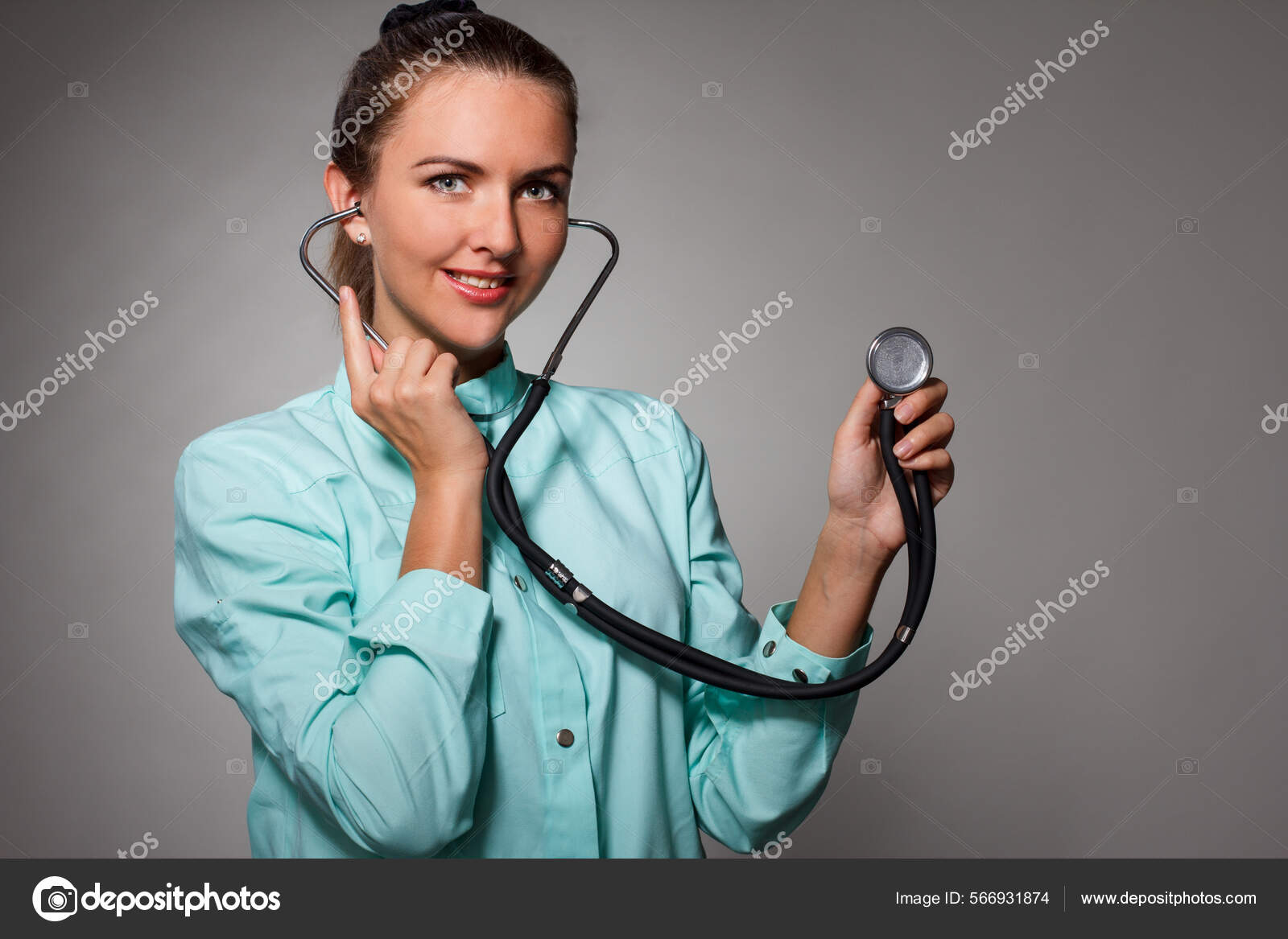 Painful in chest. Focused confident female doctor using stethoscope ...