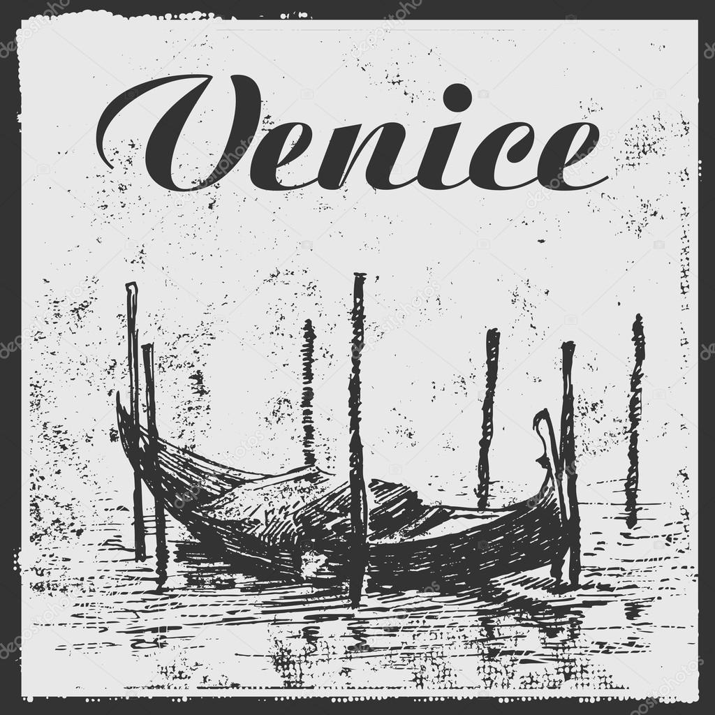 Venetian gondola and abstract drawing background with the word Venice ...