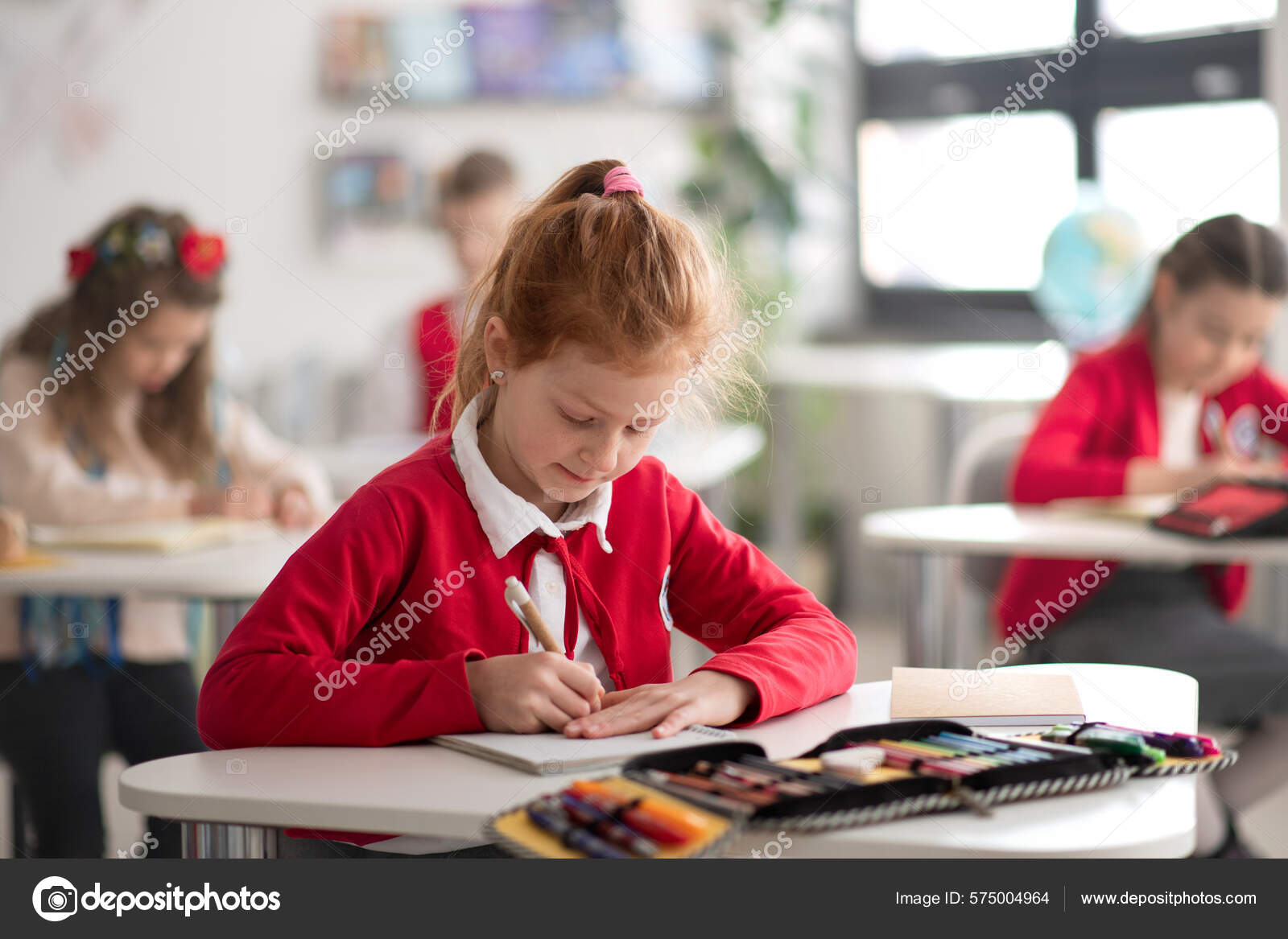 Schoolgirl Writing Notes Her Notebook Lesson Classroom School Stock ...