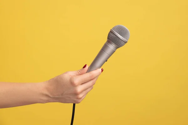 Profile side view closeup of human hand holding silver microphone for ...